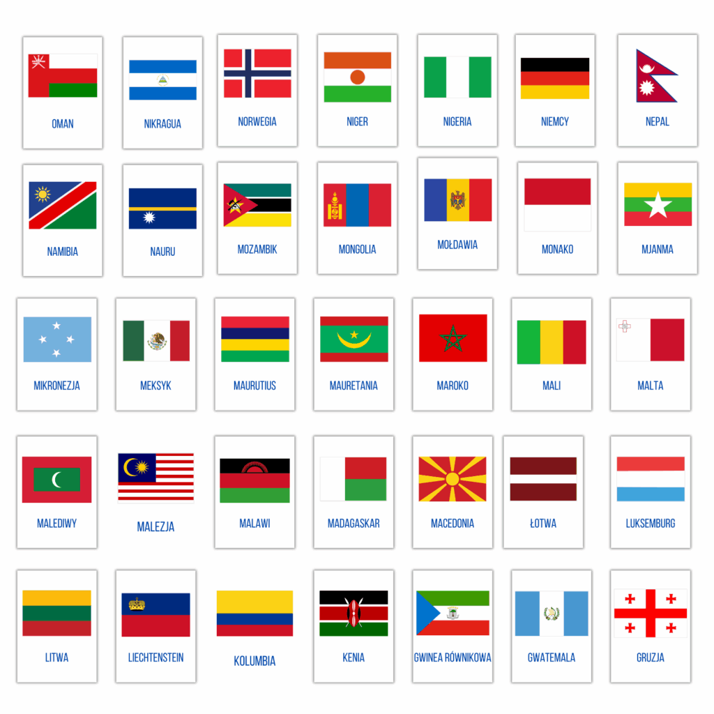 Flagi Państw Świata 194 Karty Edukacyjne PDF do Druku Nauka Geografii ...